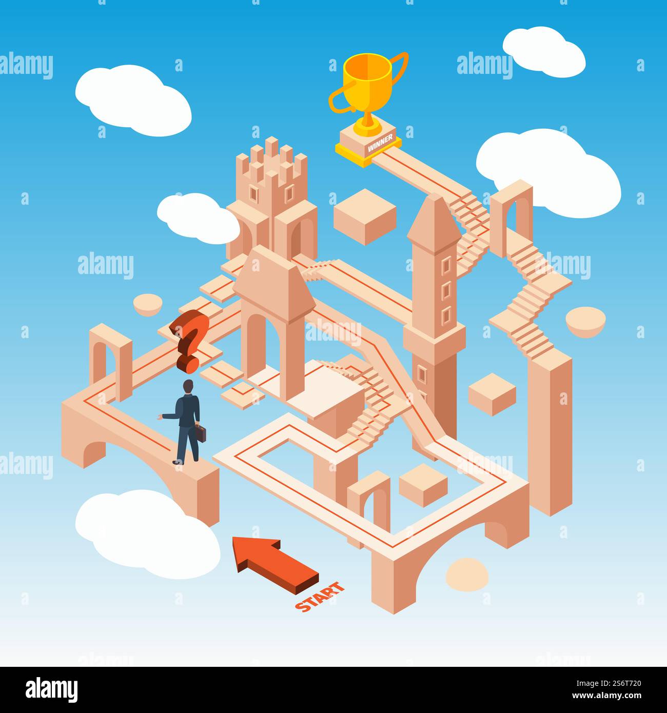 Business maze. Businessmen with idea standing on begining of hard way ...