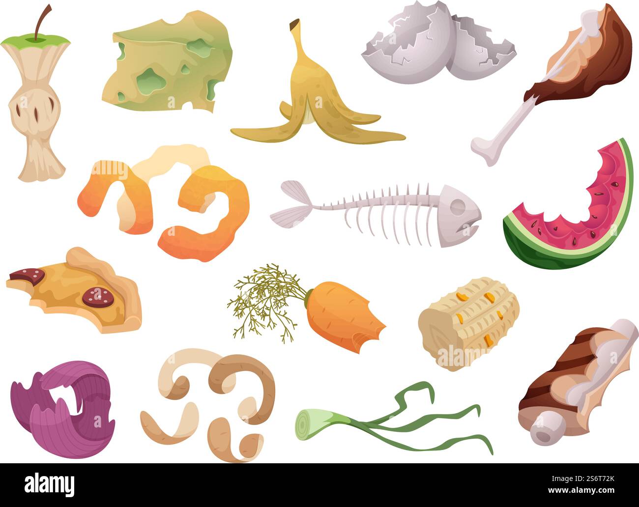 Waste foods. Recycling organic trash fruits meat vegetables fish bones ...