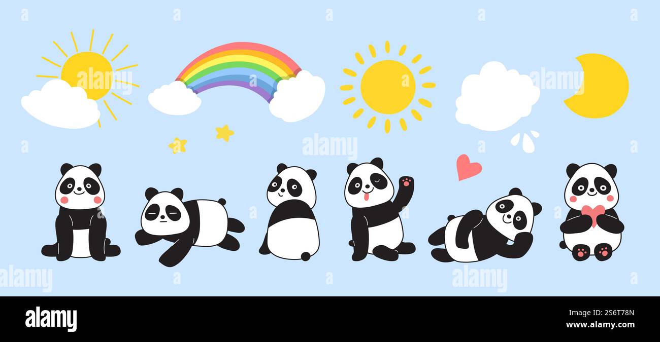 Panda animals. Cartoon pandas, rainbow and sun. White clouds, stars and ...
