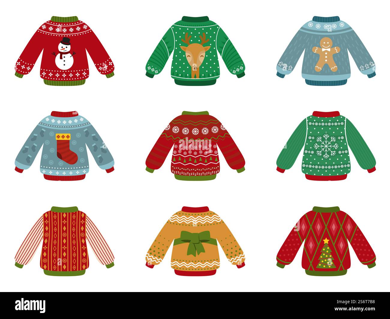 Cartoon ugly sweater. Christmas sweaters collection, decorative holiday ...