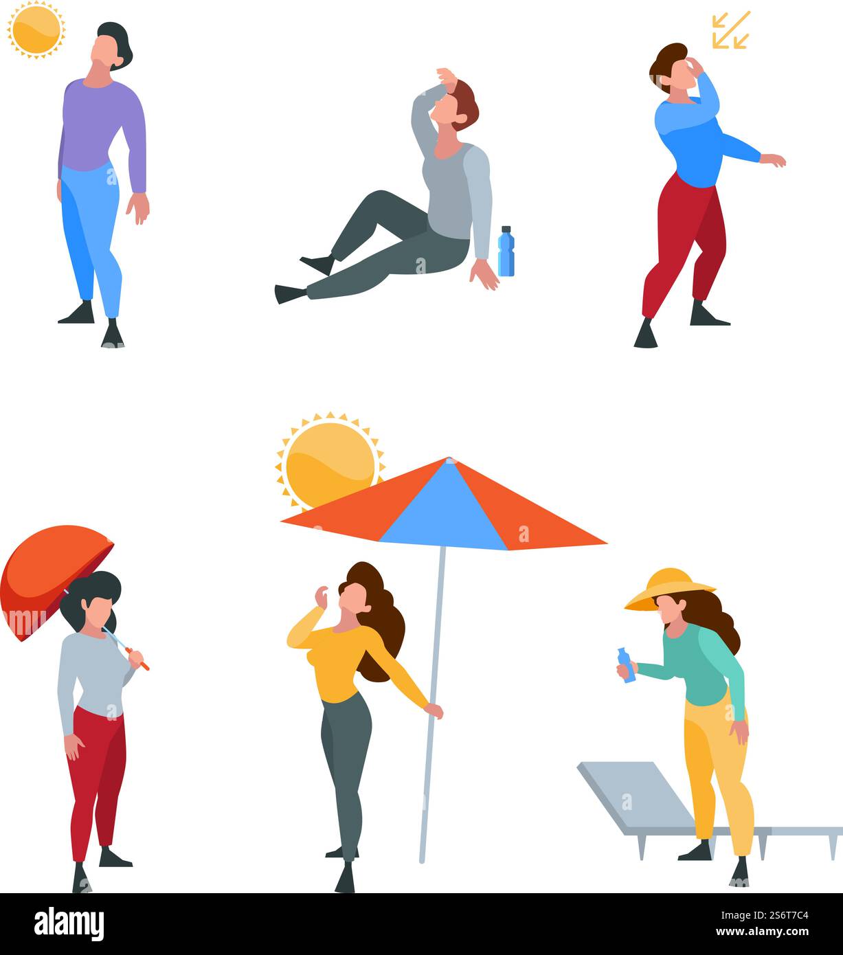 Sunstroke people. Outdoor summer characters tired with hot body temperature sunlight sweaty ...