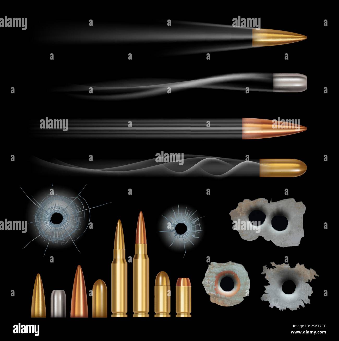 Bullet holes. Bullets realistic, cracked surface. Hunters elements and ...