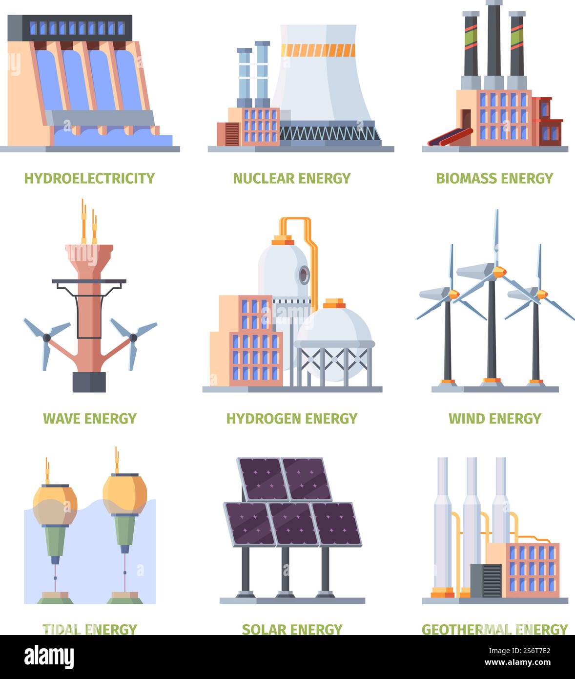Electricity factory. Industrial plants buildings hydro systems ...