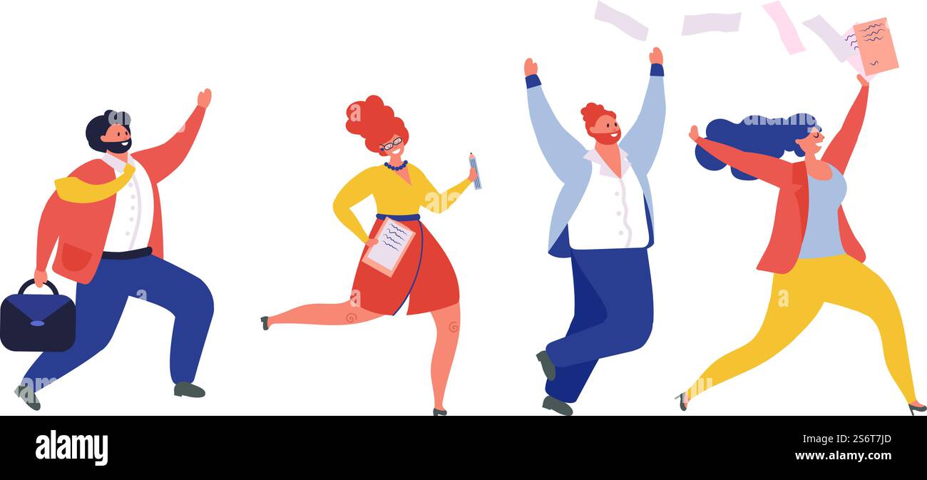 Business team run. People running, jogging managers. Flat work ...