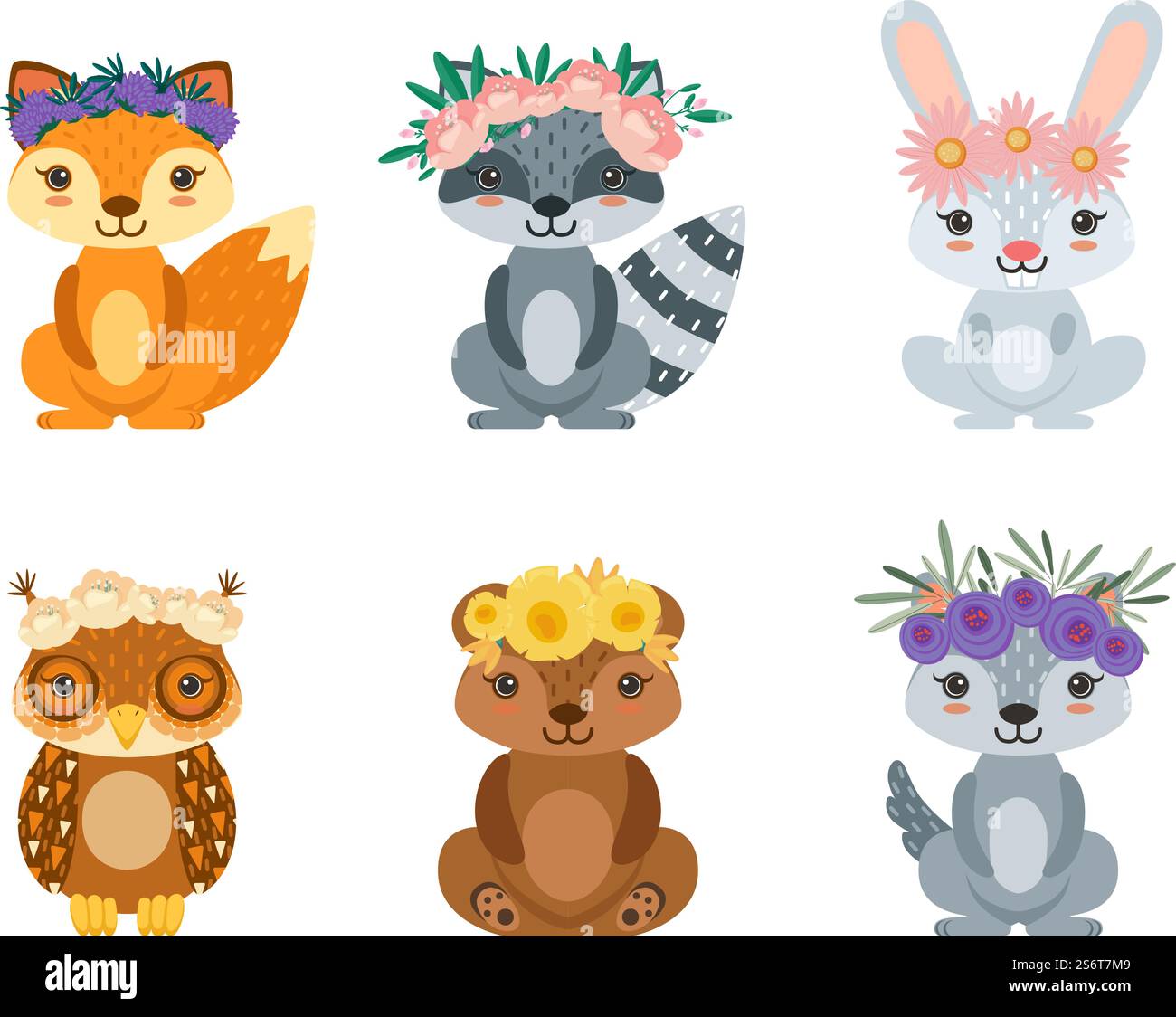 Spring animals. Funny animal floral wreath, cartoon wild characters ...