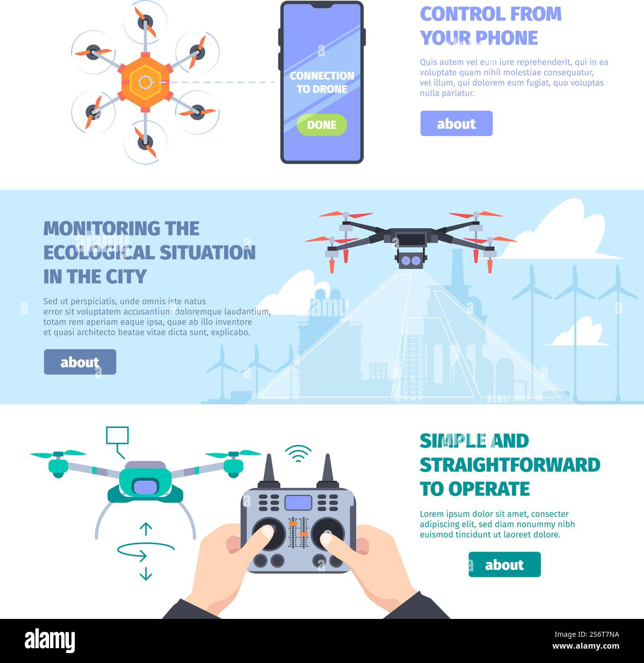 Drones banners. Cityscape surveillance flying smart robots delivery ...