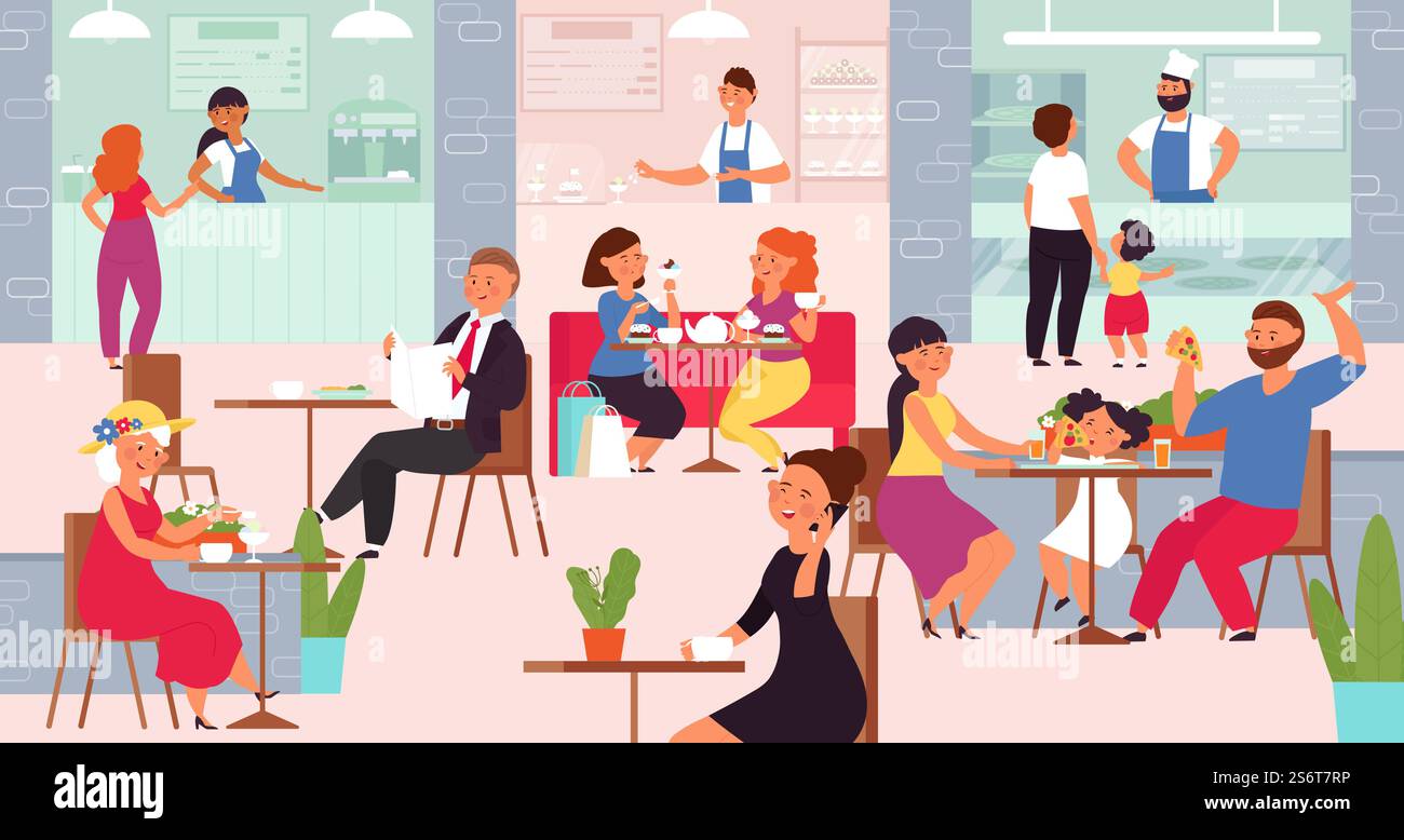 Food court. Mall cafe interior, eat people crowd. Women eating, drink ...