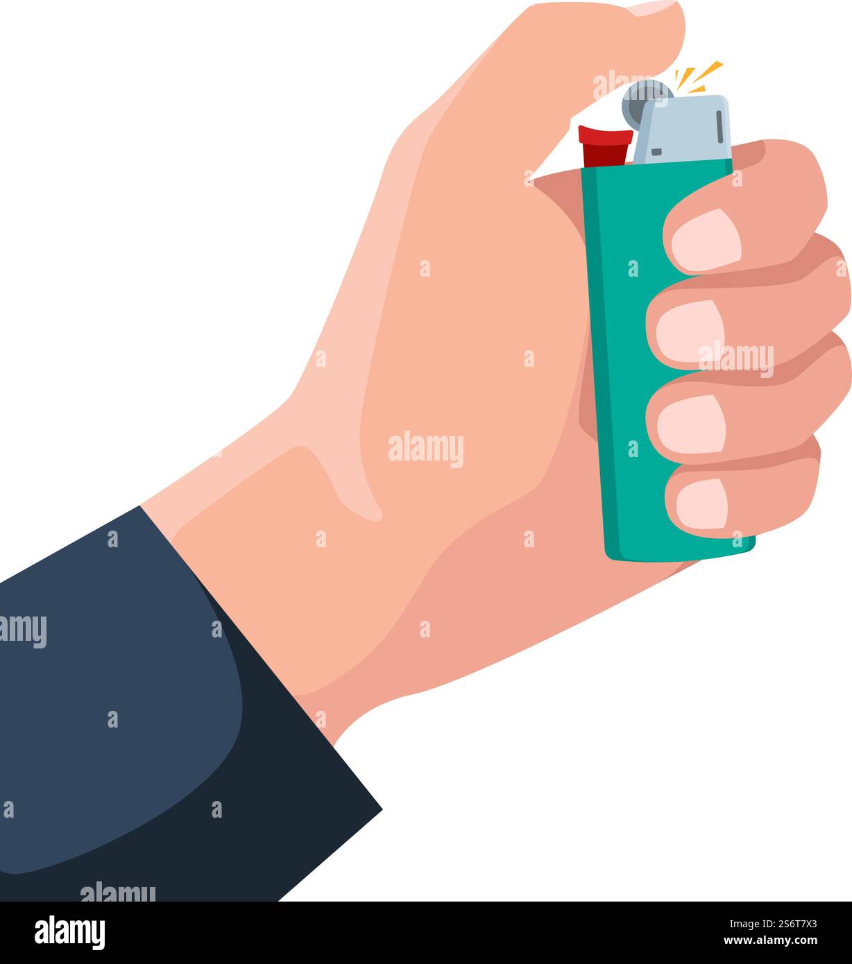 Hand lighter. Man holding in hand fire gas flame lighter for cigarettes ...