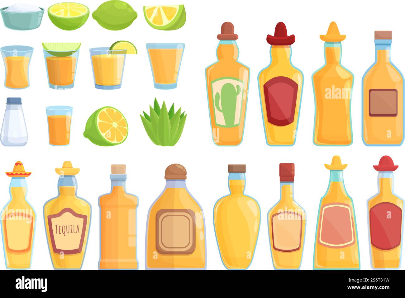 Tequila icons set cartoon vector. Mexico alcohol. Coctail shot. Tequila ...