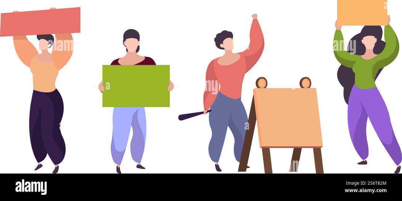 Women with placards. Female characters holding blank posters, isolated ...