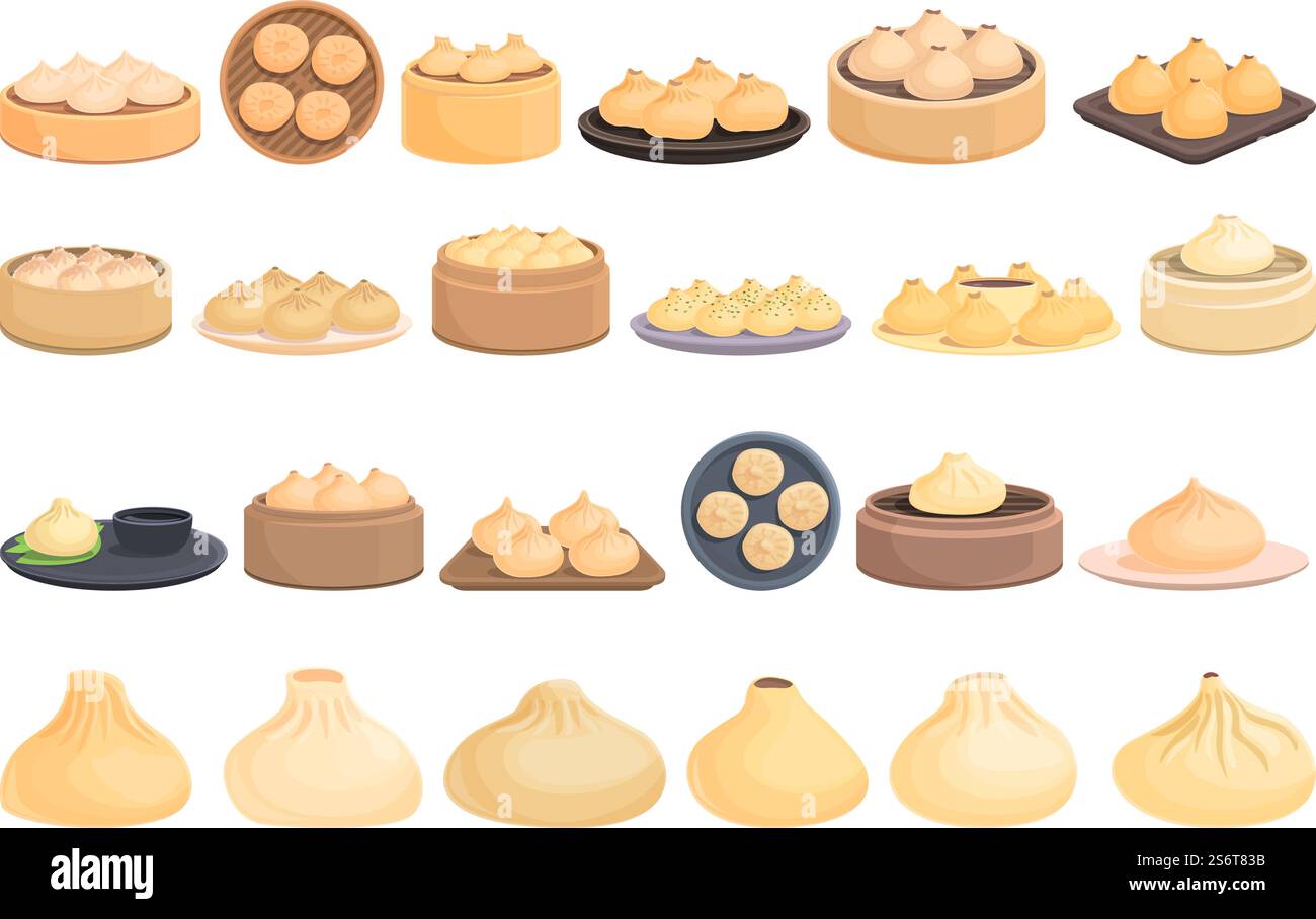 Baozi icons set cartoon vector. Asia appetizer. Bun china. Baozi icons ...