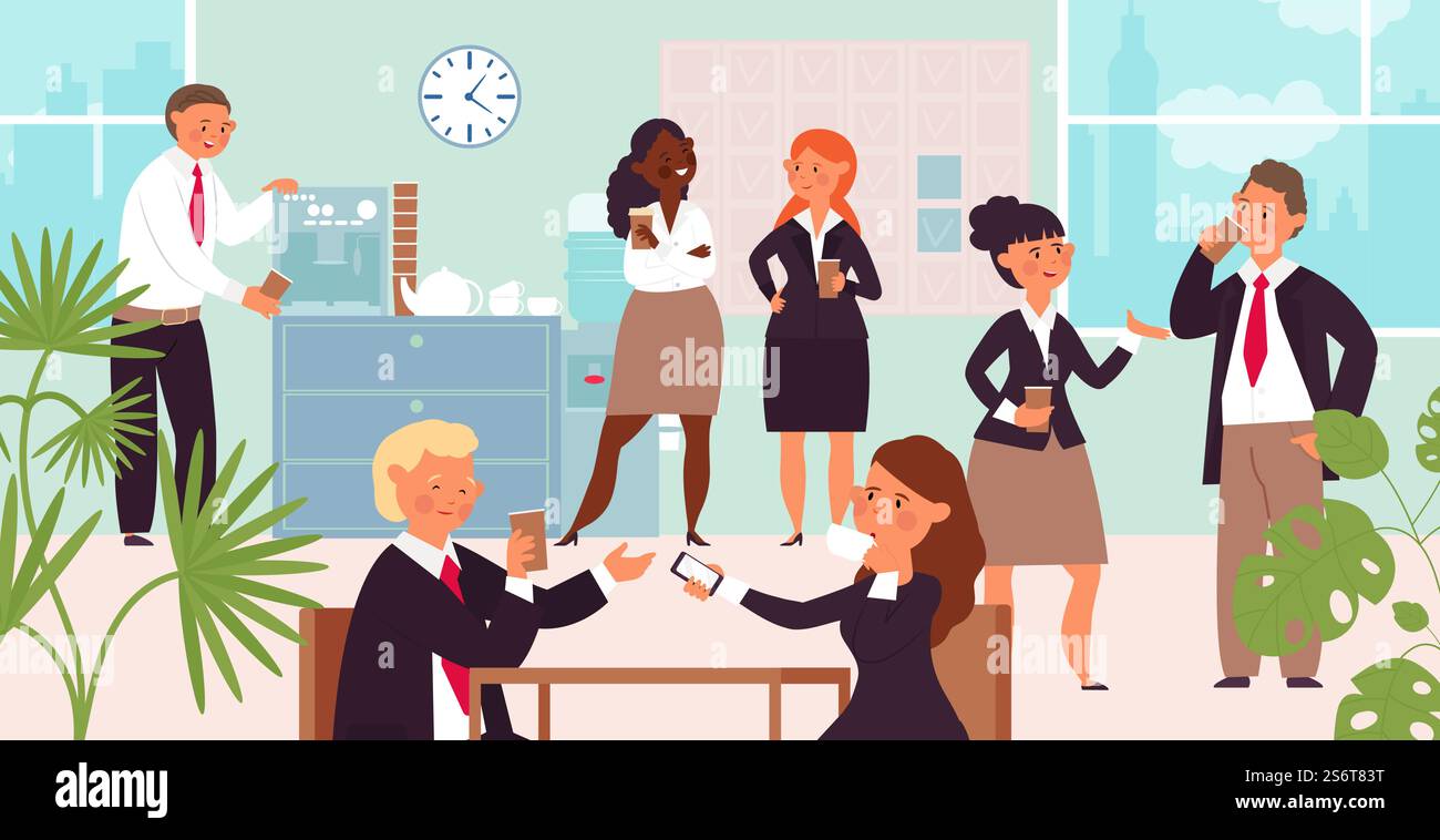 Business coffee break. Office group conversation, managers lunch time ...