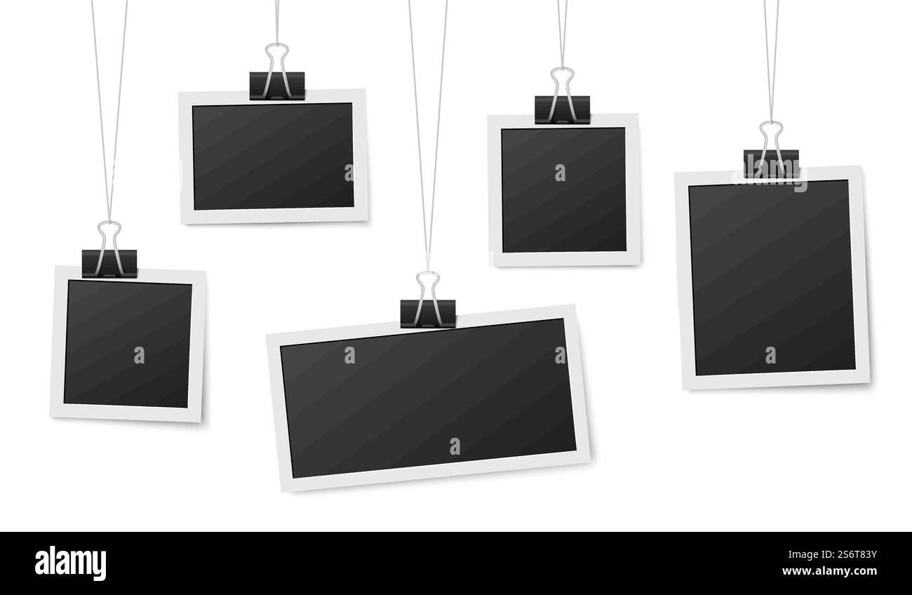 Frames hang on clips. Photo frame hanging, photos clothespin and rope ...