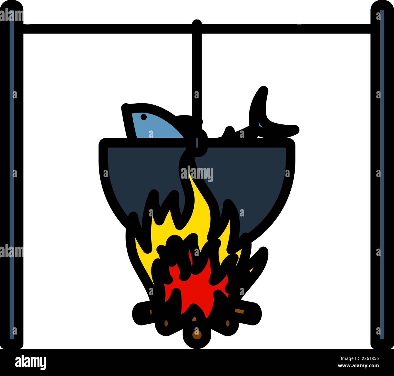 Icon Of Fire And Fishing Pot. Editable Bold Outline With Color Fill ...