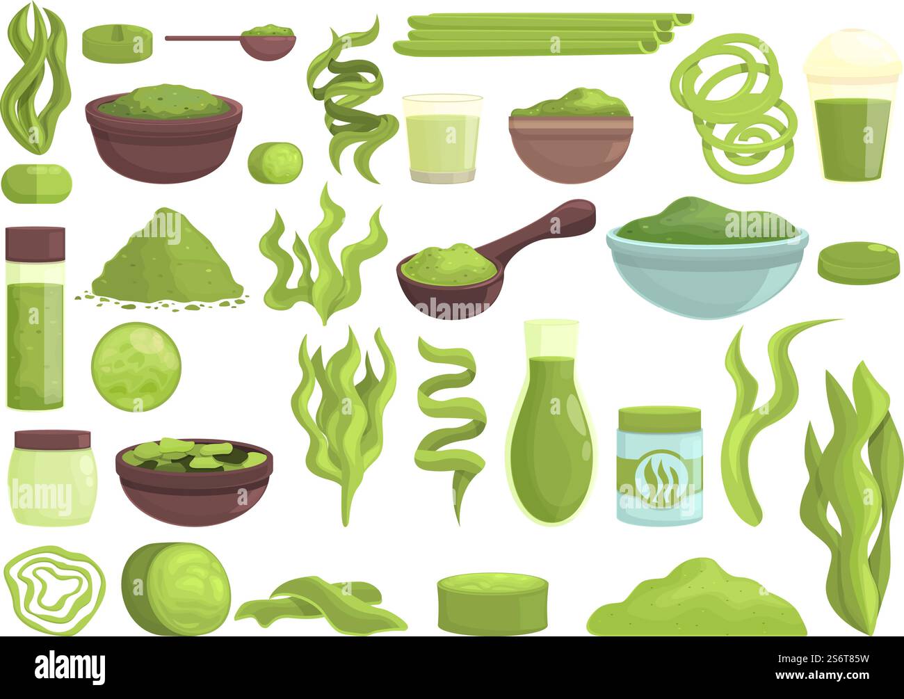 Spirulina icons set cartoon vector. Plant seaweed. Aqua algae ...