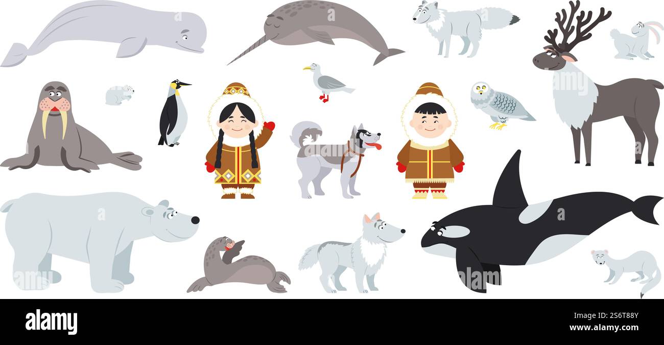 Polar animals. Cute arctic animal, walrus bear whale. Fun antarctic ...