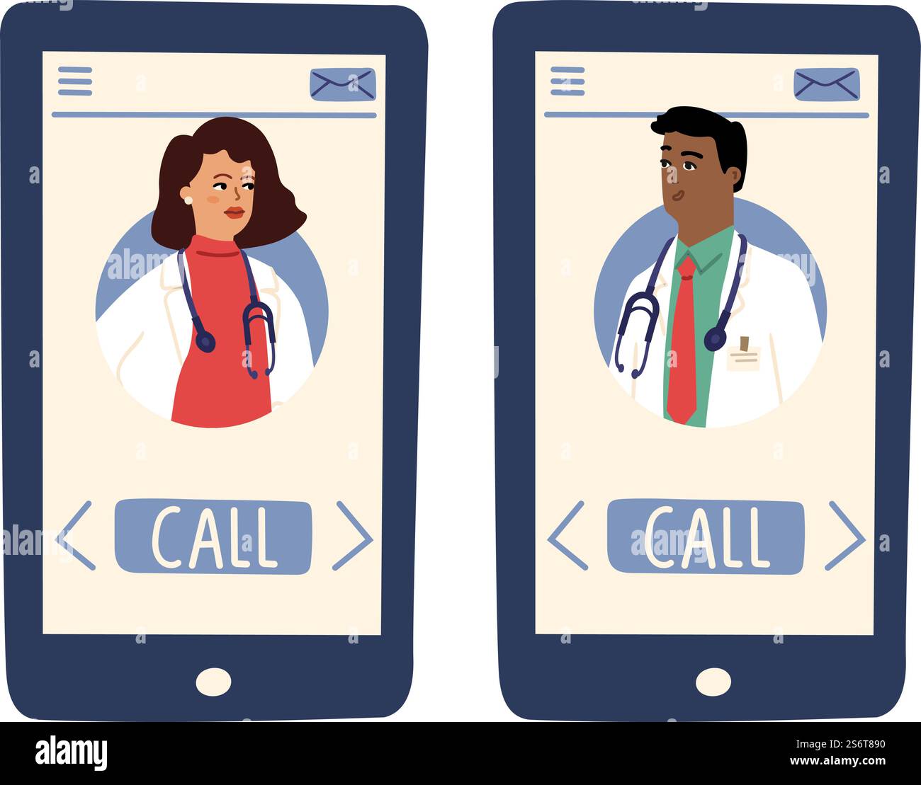 Online doctor app. Doctors avatars on screen. Smartphone with female ...