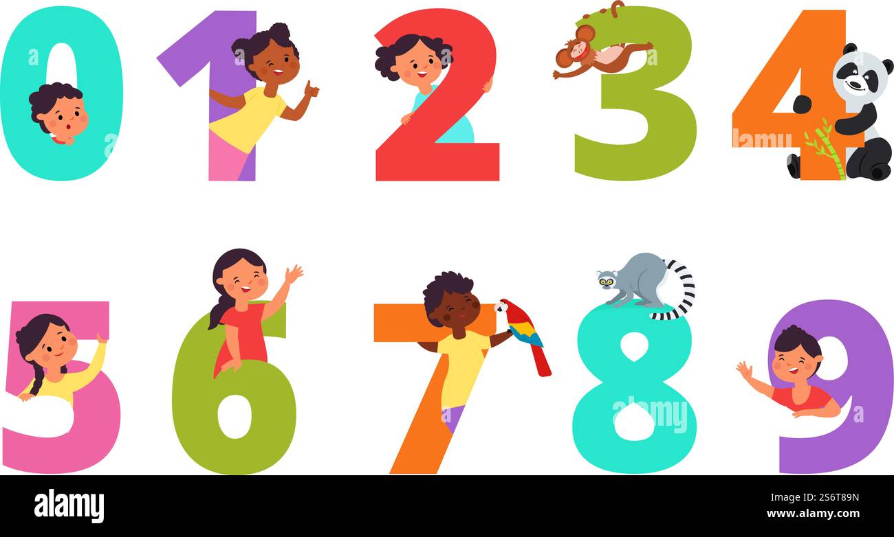 Kids numbers. Children animal on number, colorful design. Childish for ...