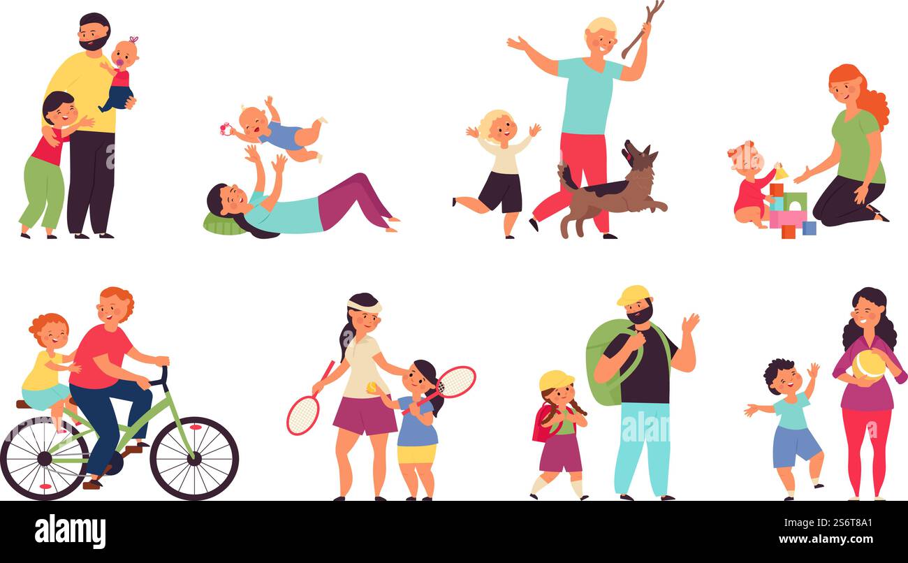 Cartoon parents with children. Nurturing family, woman nurture child ...