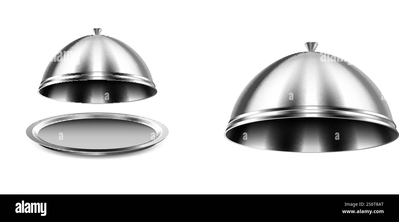 restaurant cloche food plate. metal tray dish. silver platter cover cap 3d realistic vector ...