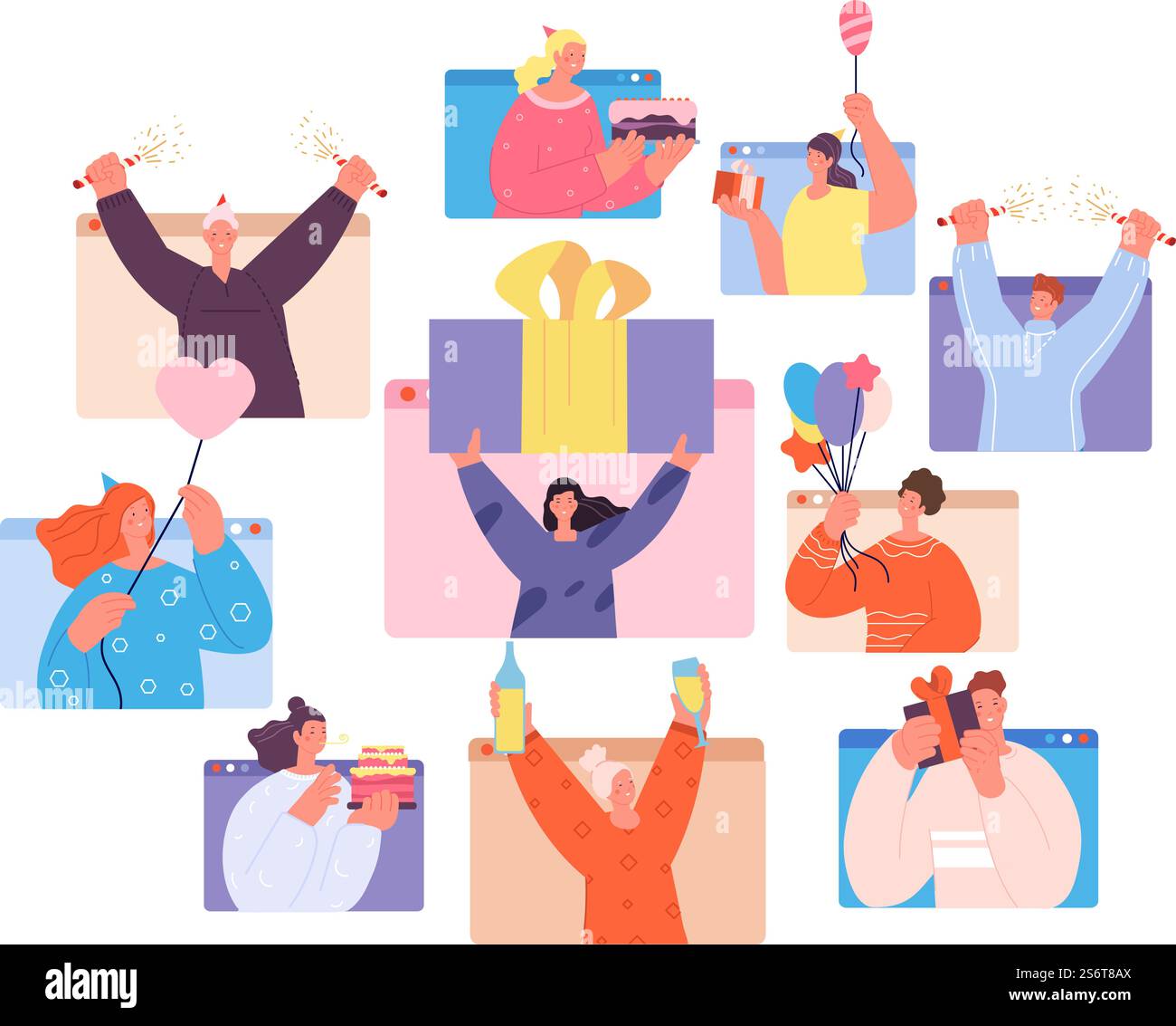 Birthday online party. Social event, woman on fun virtual festival in web. Guy celebration, fun ...