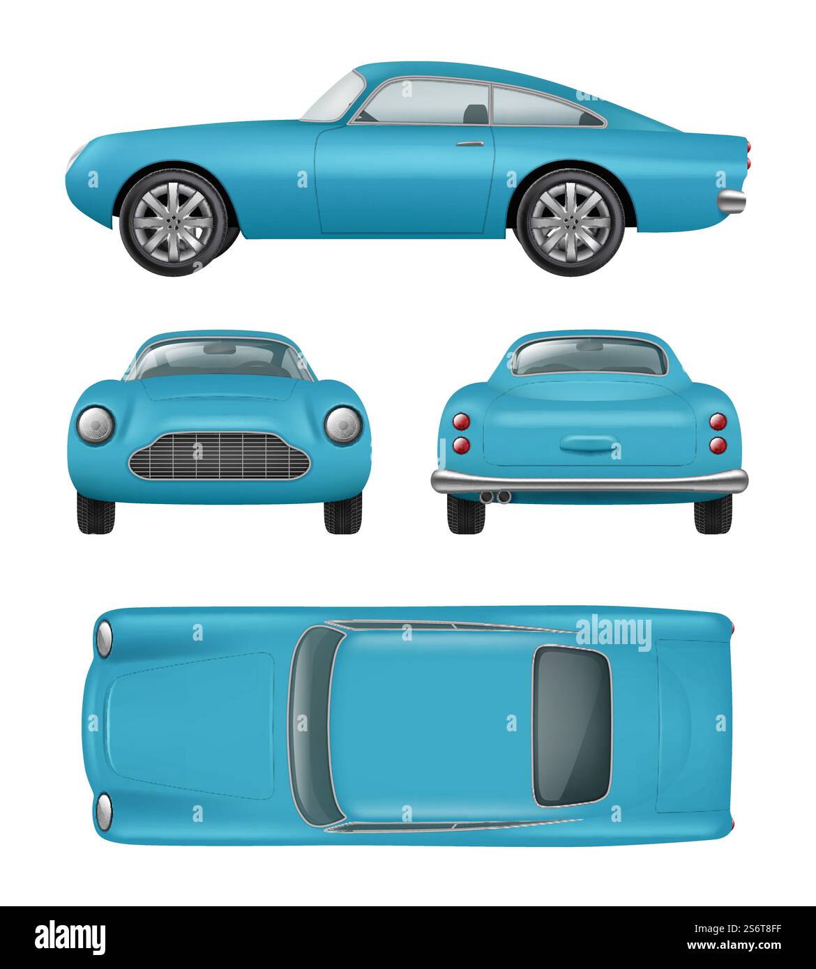 Retro car. Realistic vintage automobile front right left back side ...