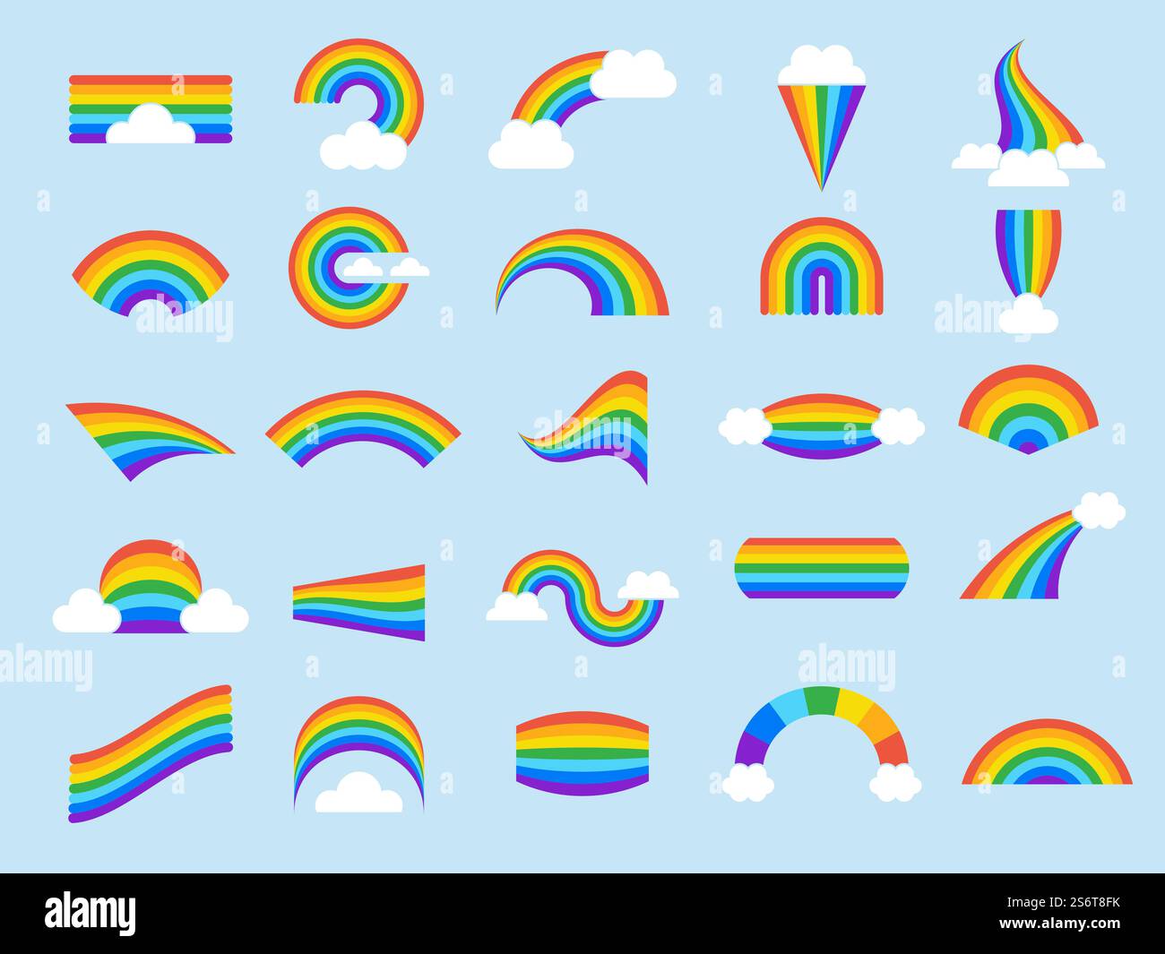 Rainbow set. Stylized curves colored rainbow lines in clouds weather ...