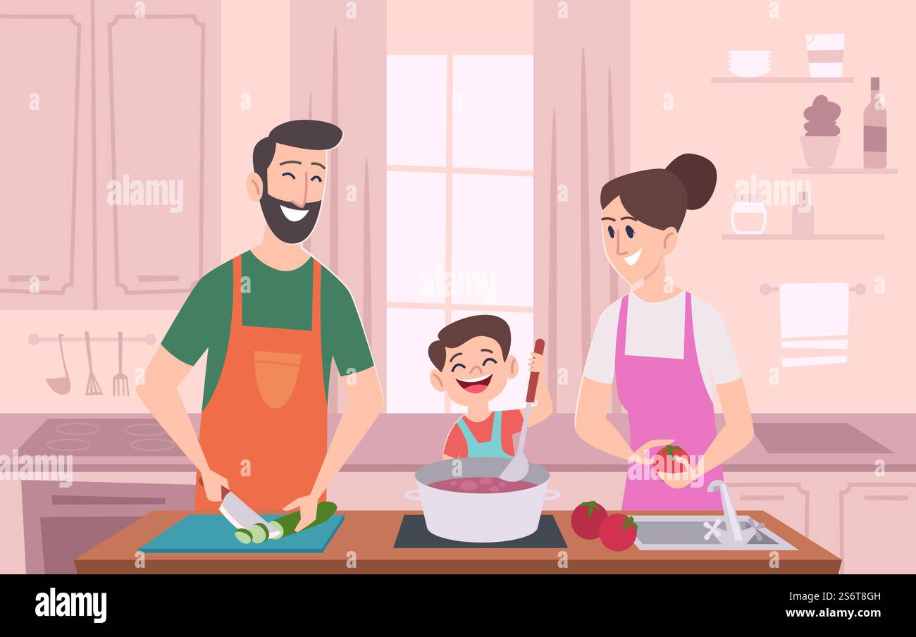 Family couple kitchen. Kids with parents preparing food and serving ...