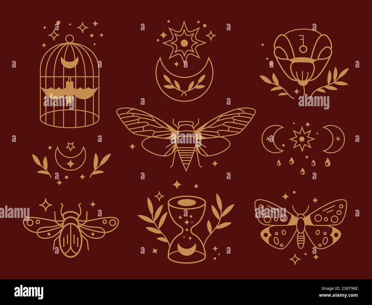 Magical outline collection. Tribal symbols, boho golden moon. Crystal and floral elements ...