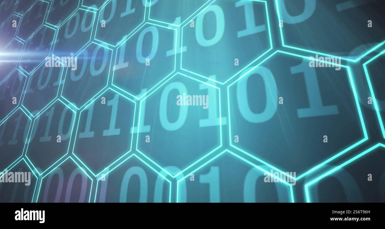 Image of binary coding and data processing over hexagons on black ...