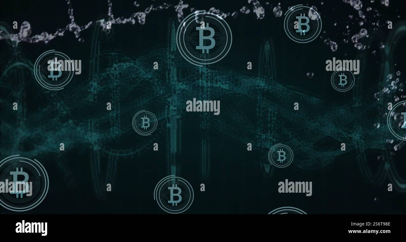 Bitcoin symbols and blockchain network image over digital background ...