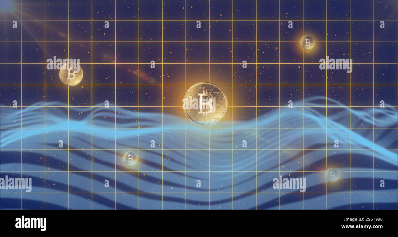 Bitcoin symbols over grid and wave patterns, representing ...