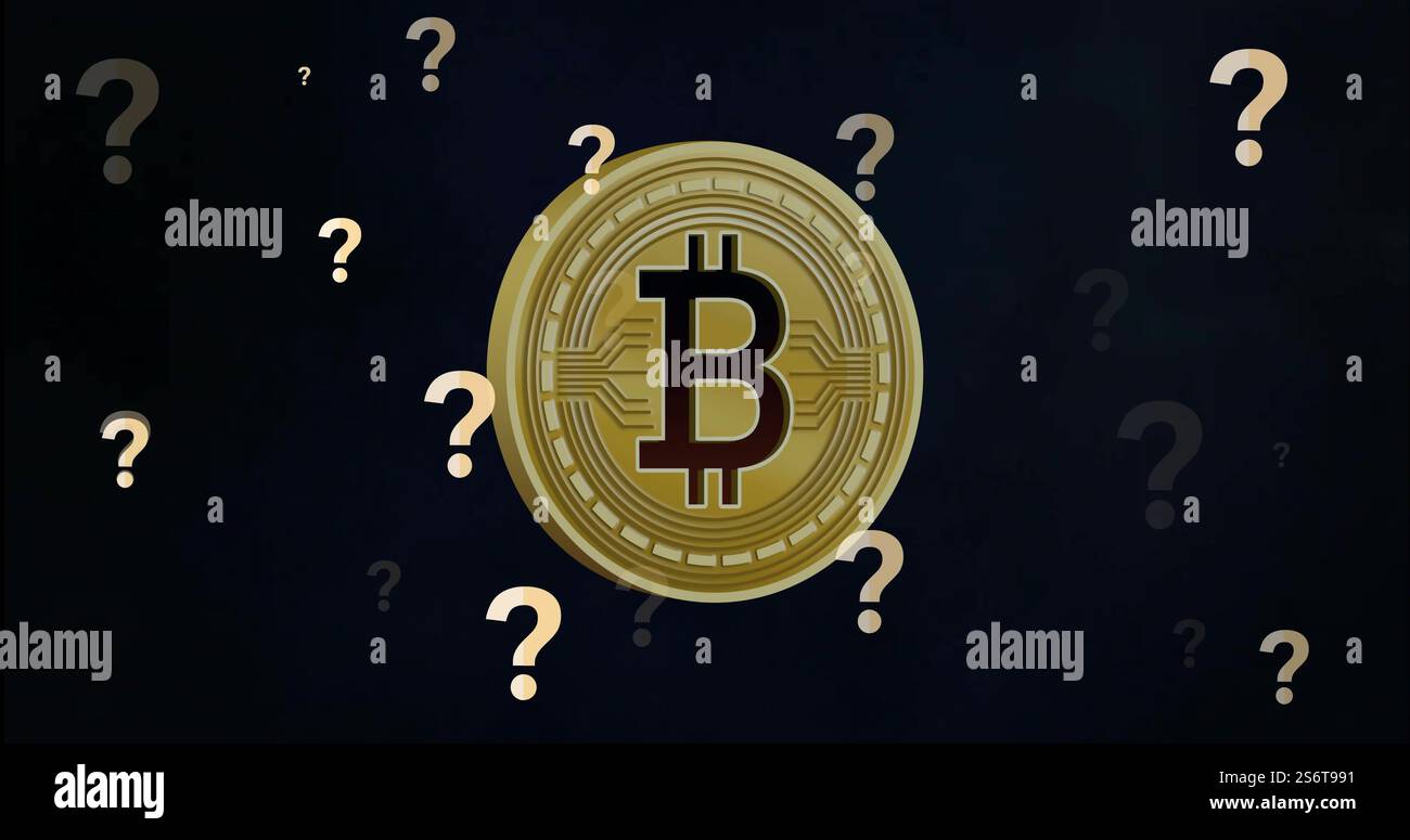 Bitcoin symbol with question marks, representing cryptocurrency uncertainty Stock Photo - Alamy