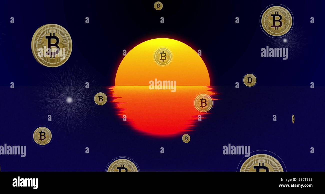 Bitcoin coins image over sunset reflecting on water Stock Photo - Alamy