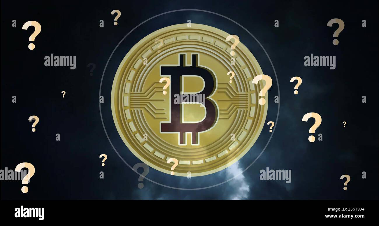 Bitcoin symbol with question marks, representing cryptocurrency ...