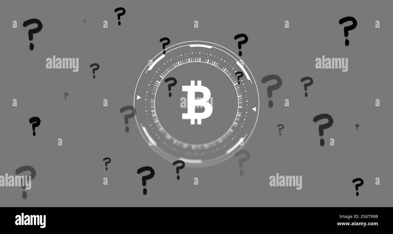 Bitcoin symbol surrounded by question marks, digital currency ...