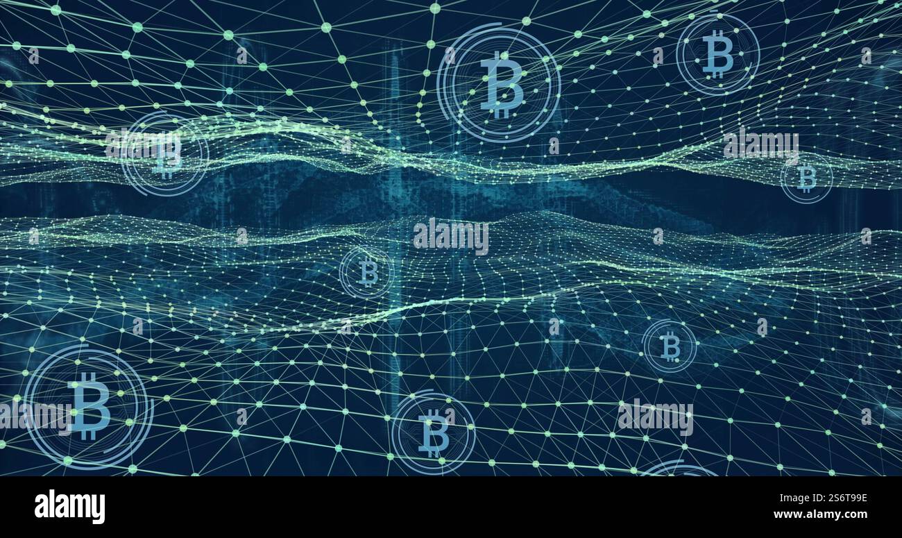 Bitcoin symbols and blockchain network image over digital landscape ...