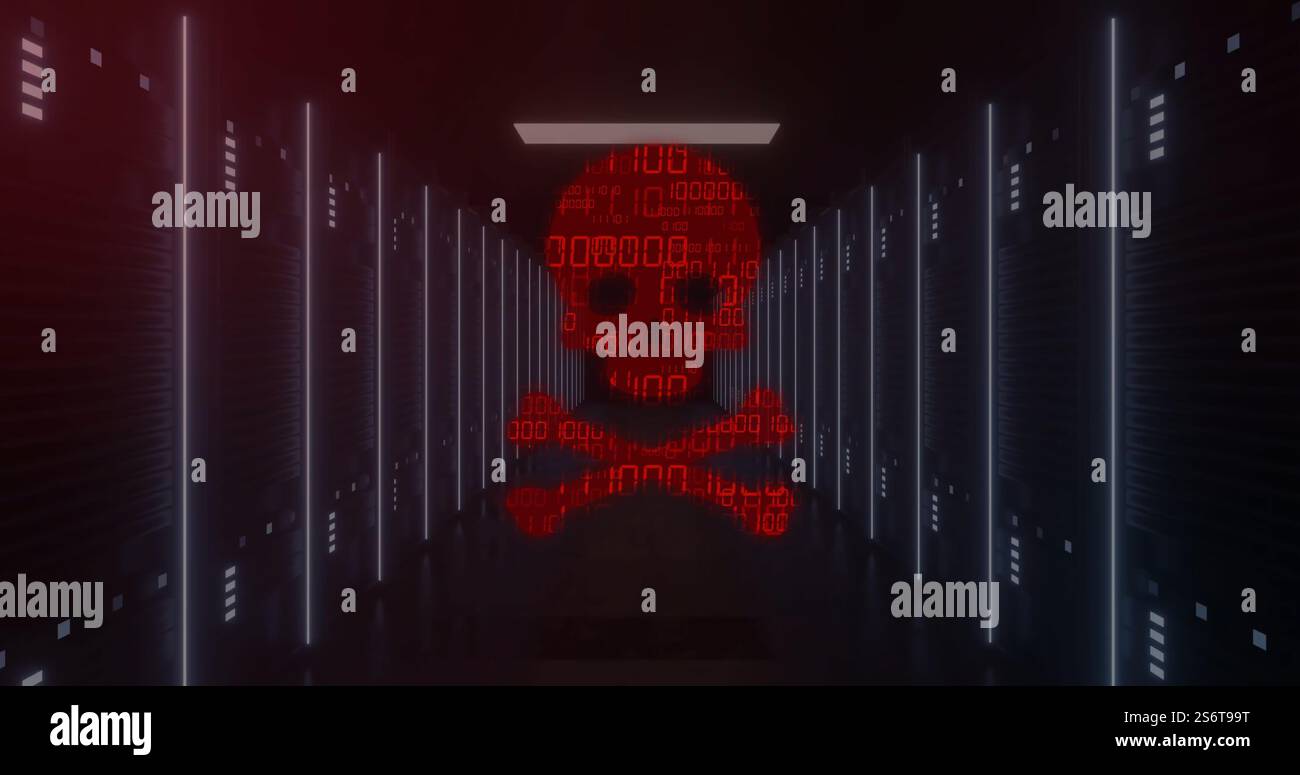 Red circuitry and digital skull image over dark server room background Stock Photo - Alamy