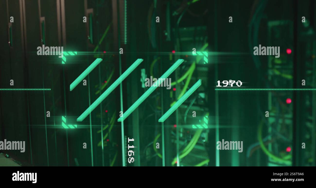 Data processing image over server room with cables and equipment Stock ...