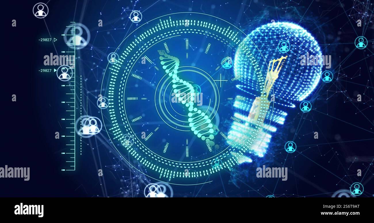DNA strand and light bulb image over network of connections and user ...