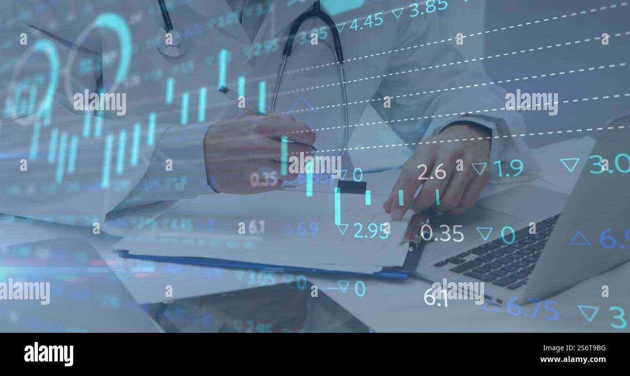 Medical professional working with data charts and graphs image overlaid ...