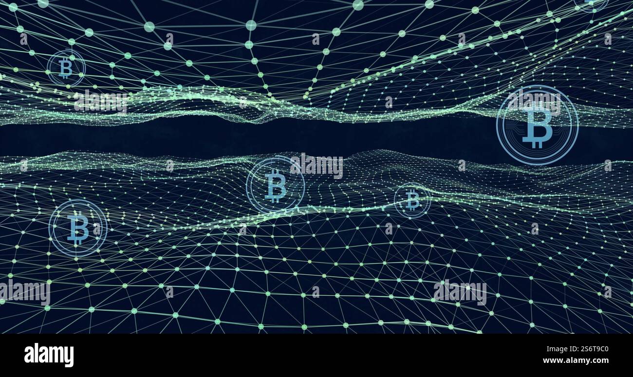 Bitcoin symbols and blockchain network image over digital landscape ...