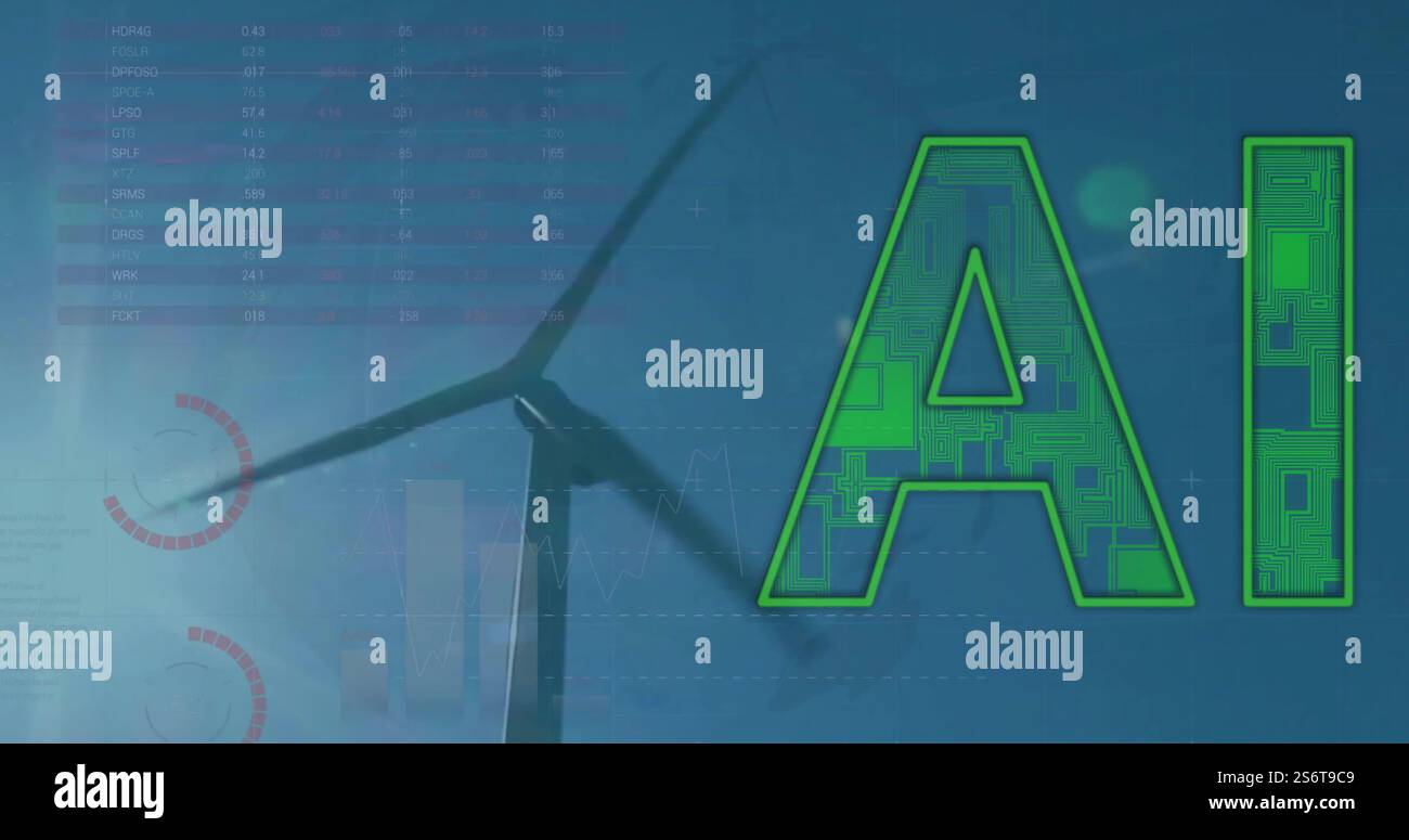 AI text over wind turbine and global data visualization Stock Photo - Alamy