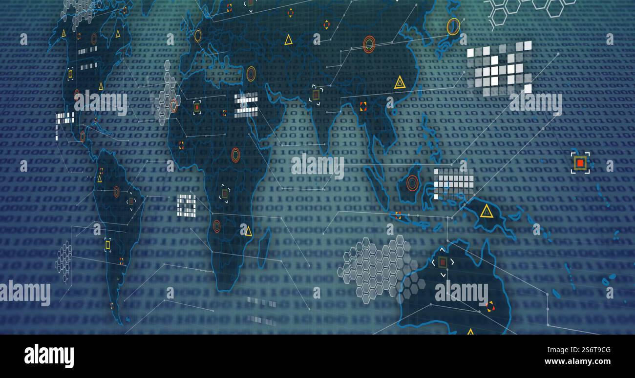 Binary code and network connections image over world map Stock Photo - Alamy