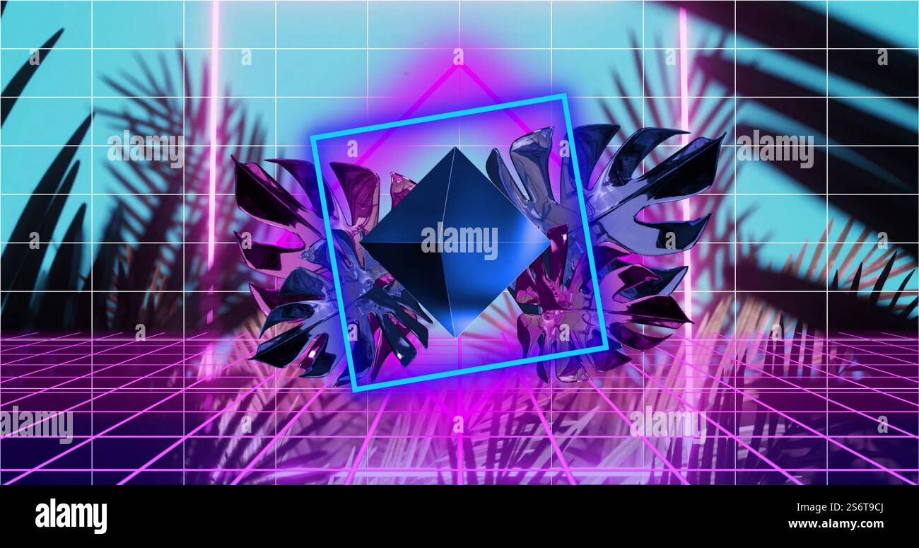 Image of neon frame and 3d diamond moving over tropical leaves ...