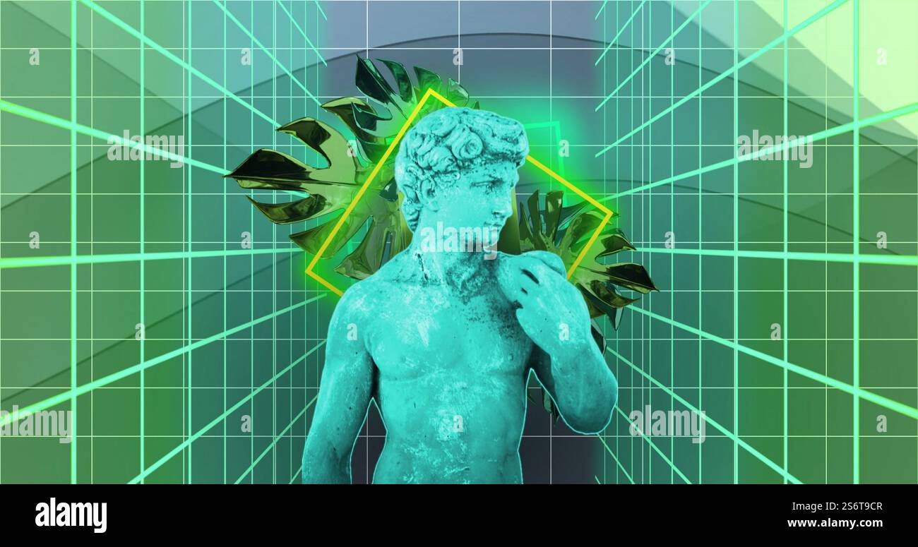 Green statue with grid lines and geometric shapes, futuristic image ...