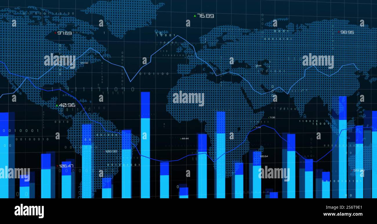 Financial data and graph image over digital map of Europe and Africa ...