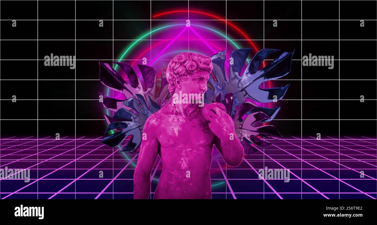 Neon grid and geometric shapes over image of classical statue with ...