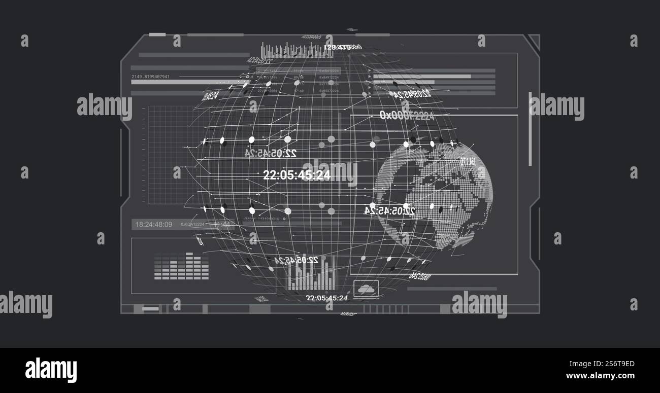Global data visualization image over rotating digital world map with grids and charts Stock ...