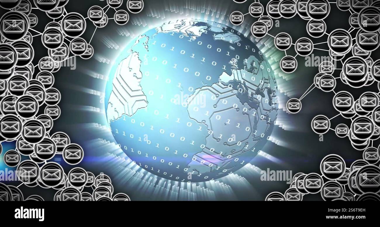 Binary code image over globe with network connections and data symbols ...